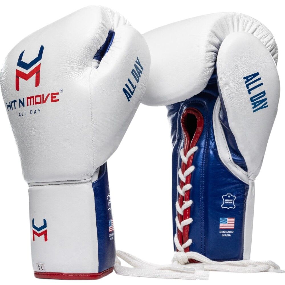 Hit N Move All Day Pro Balance White/Blue/Red Lace Up Boxing Gloves at ...