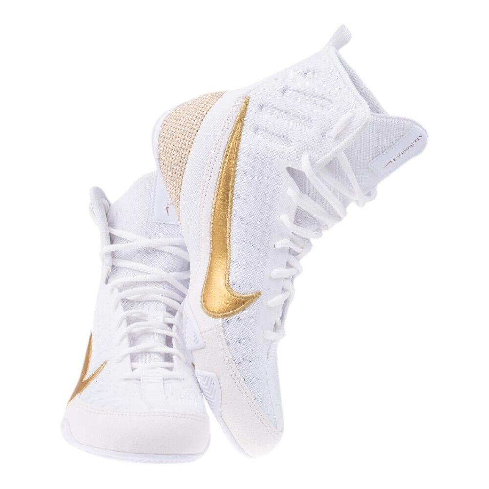 Nike Machomai 3 White/Metallic Gold Boxing Shoes at FightHQ