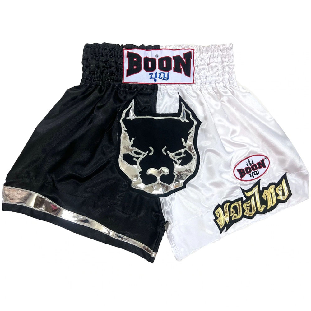 Boon Pitbull Black/White Muay Thai Shorts at FightHQ