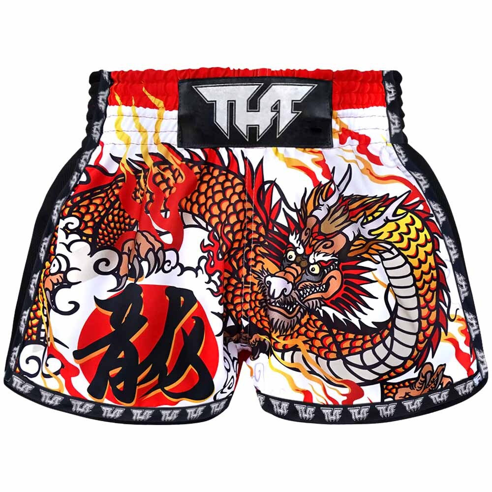 Tuff Chinese Dragon White Retro Muay Thai Shorts at FightHQ