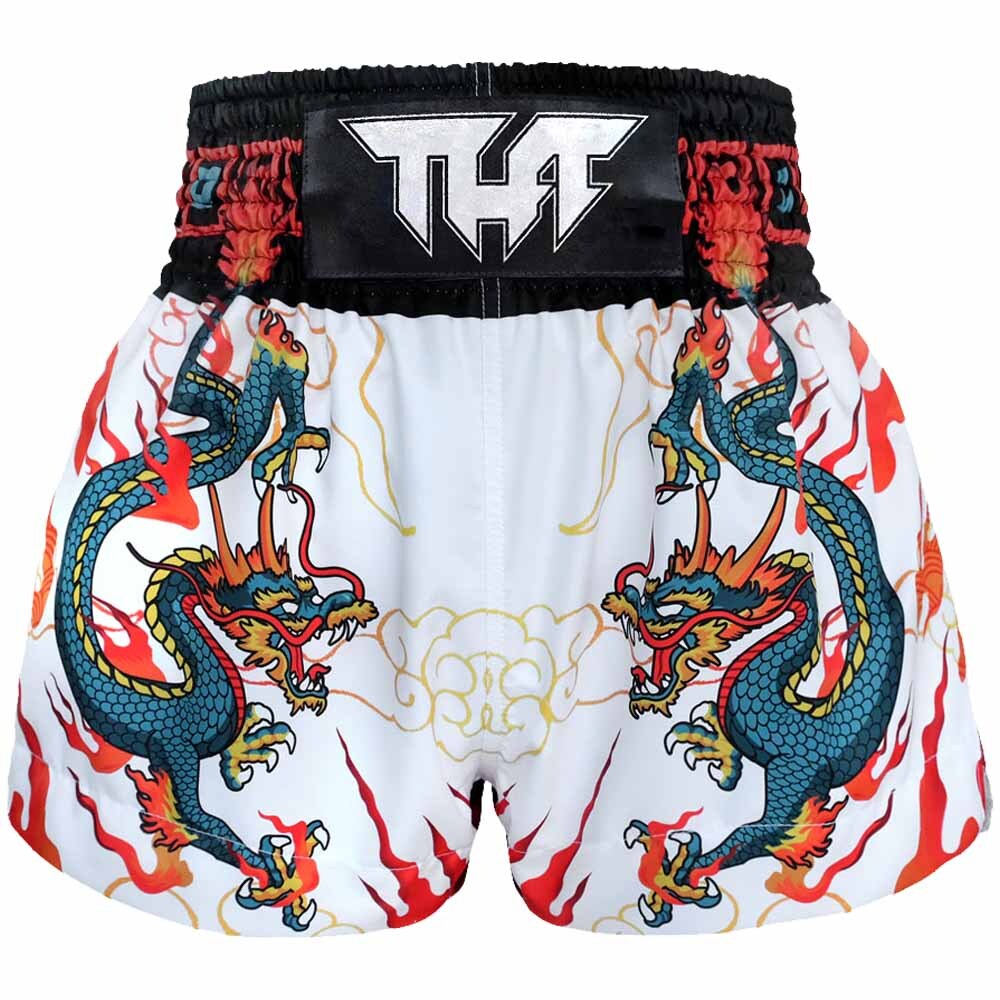 Tuff Chinese Dragon White/Blue Thai Boxing Shorts at FightHQ