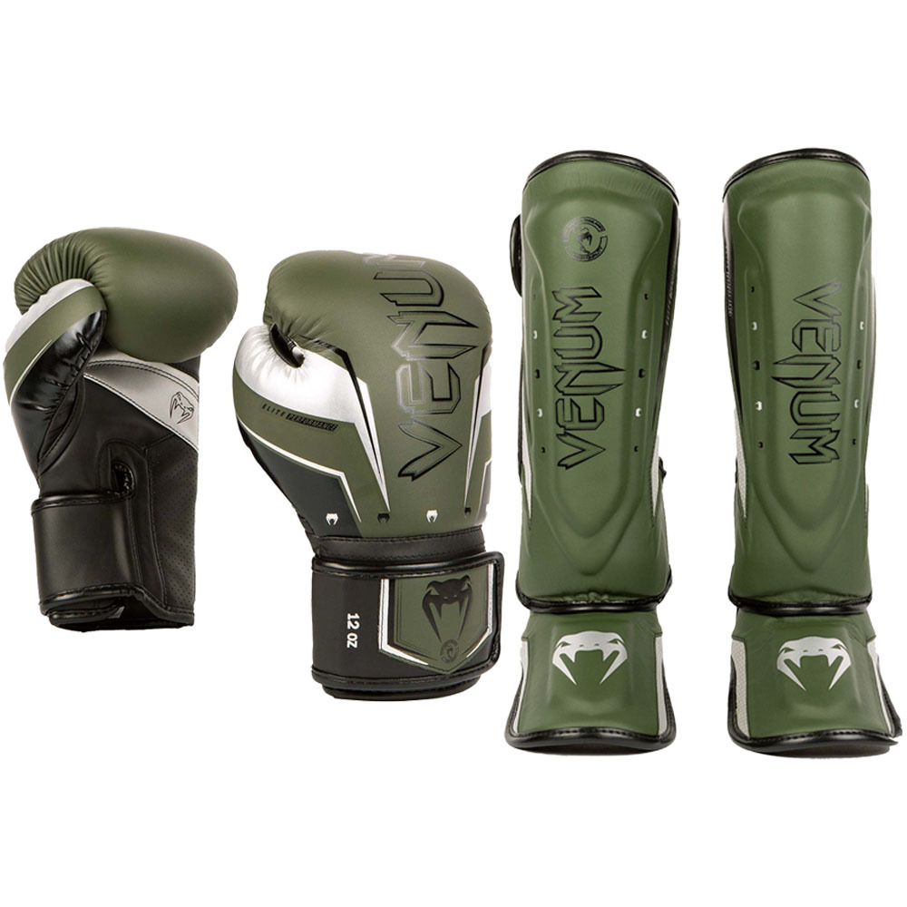 Venum Elite EVO Khaki/Silver Sparring Kit at FightHQ