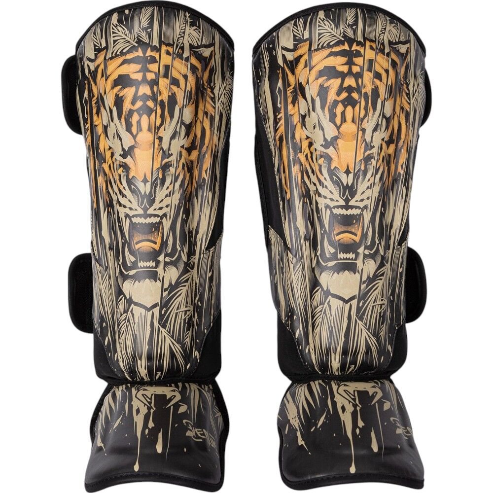 Venum Tiger Black/Neon Orange Shin Guards at FightHQ